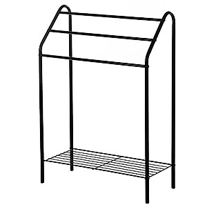 MyGift 3 Tier Matte Black Metal Bathroom Towel Bar Rack, Freestanding Laundry Room Clothes Drying Stand with Bottom Storage Shelf