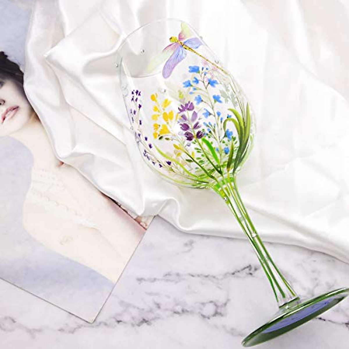 NymphFable Hand Painted Wine Glass Colorful Dragonfly Flower Artisan Painted 15 oz Glass Novelty Gift for Birthdays,Weddings,Valentine's Day