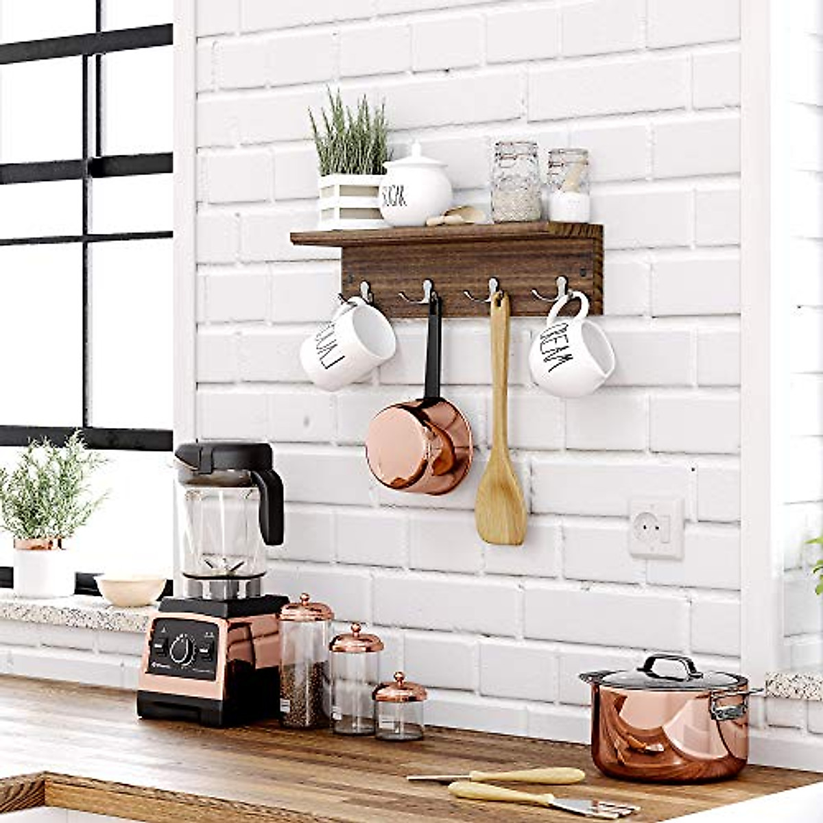 SONGMICS Coat Rack with Shelf, Wall-Mounted Coat Rack, with 4 Metal Dual Hooks for Coats, Bags, for Entryway, Bedroom, Living Room, Rustic Brown ULHR042X01