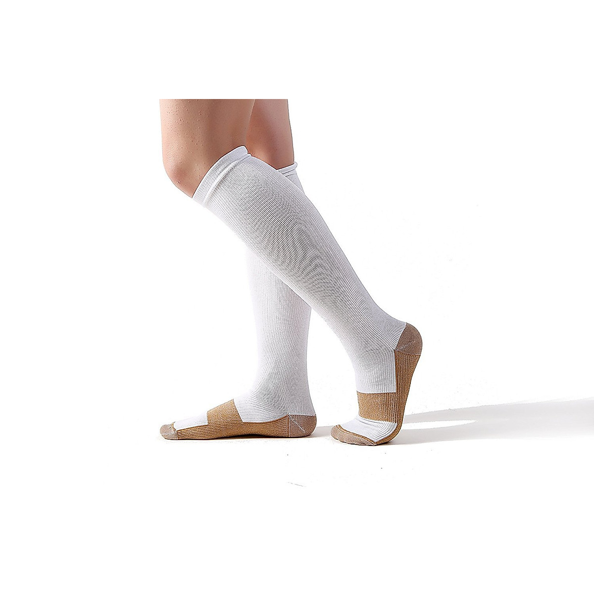 CompressionXSportz Compression Copper Socks For Men and Women 15-20mmhg Over The Calf Below Knee High for Sports, Medical, Nurses, Athletes, Travel, Pregnancy, etc (Copper/White, 1 Pr, Sm/Med)