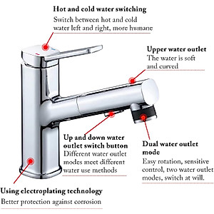 Bathroom Faucets with Pull Down Sprayer Single Handle Pull Out Bathroom Faucet Chrome Bathroom Sink Faucet Stainless Steel Bathroom Faucets Suitable for Hot and Cold Water