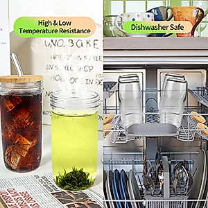4 Pack Glass Cups Set - 24oz Mason Jar with Bamboo Lids and Glass Straw & 12 Airtight Lids, Brush - Boba Drinking Glasses, Reusable Travel Tumbler Bottle for Iced Coffee, Smoothie, Bubble Tea, Gift