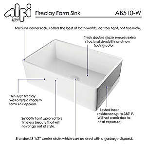 ALFI brand AB510 30-Inch Contemporary Smooth Fireclay Farmhouse Kitchen Sink, White