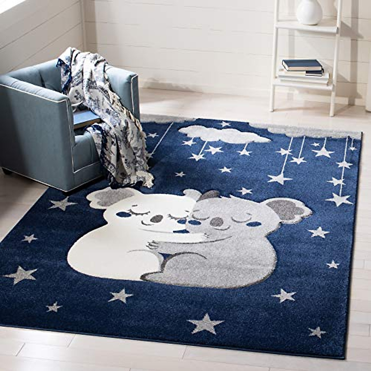 SAFAVIEH Carousel Kids Collection 5'3" Square Navy/Grey CRK195N Koala Hug Non-Shedding Nursery Playroom Area Rug