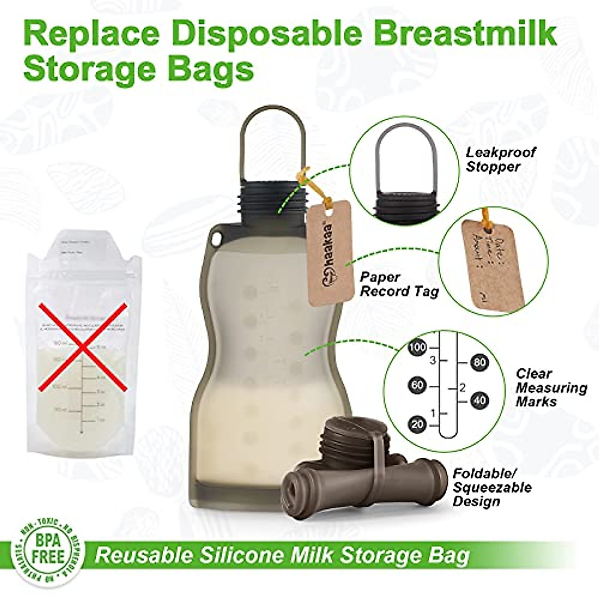 haakaa Reusable Silicone Breastmilk Storage Bag(9oz,10pk) Bottle Cleaning Brush Set|Breastmilk Freezer Bag|Breastfeeding Milk Pouch|Breastmilk Pump Bag|Self Standing Storing Pouches,Leakproof …
