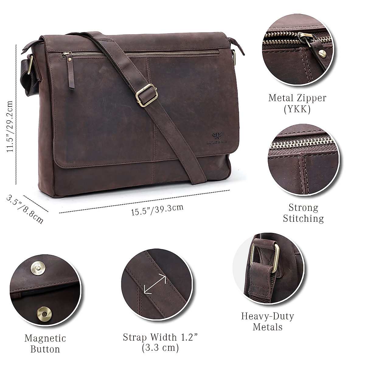 LUXEORIA Leather Briefcase Shoulder Bag for Women & Men, Over the Shoulder Bag for Women Crossbody & Mens Briefcase Office Bag for Travel | Opulent - Dark Brown