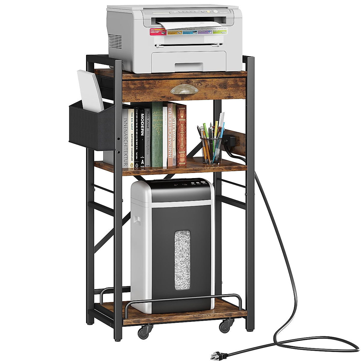 Homeiju 3-Tier Printer Stand with Storage Drawer,Large Tall Printer Table with Power Outlet,Side Pocket and Adjustable Shelf for Home Office,Stand Cart for Computer PC Tower CPU Shredder,Rustic Brown