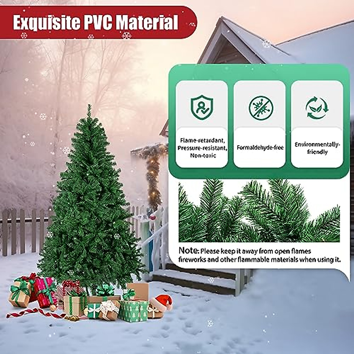 6.5FT Artificial Christmas Tree Xmas Holiday Pine Tree Christmas Tree Realistic Holiday Decoration with Metal Stand Hinges PVC Leaves Easy Assembly for Outdoor Indoor Party Green