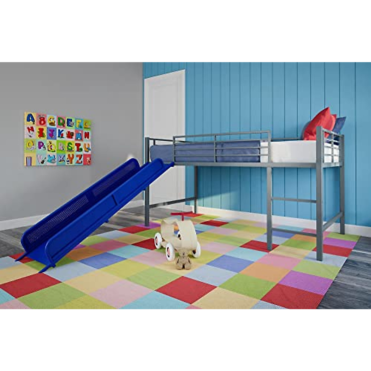 DHP Junior Twin Metal Loft Bed with Slide, Multifunctional Design, Silver with Blue Slide