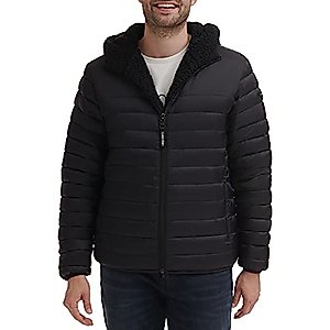 Calvin Klein Men's Hooded Down Jacket, Quilted Coat, Sherpa Lined, Black, Larg