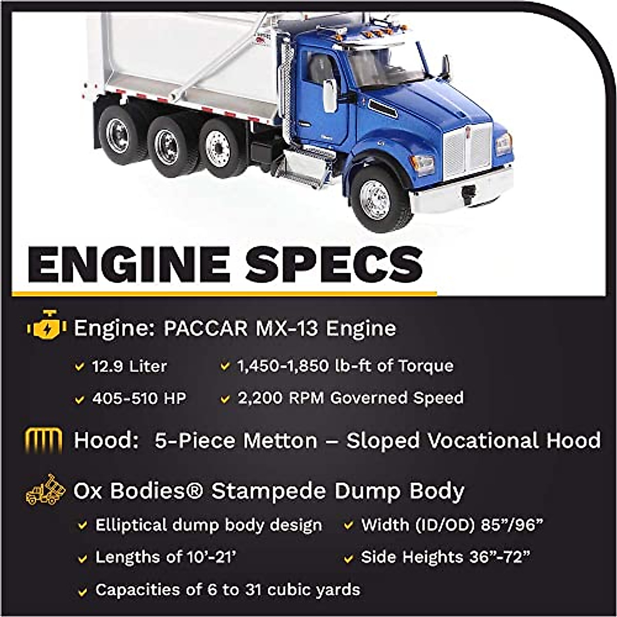 Diecast Masters KenworthT880S SFFA Dump Truck - Metallic Blue | Tandem with Pusher Axle & Interior Ox Bodies Stampede Dump Cab | 1:50 Scale Model Semi Trucks | Diecast Model 71078