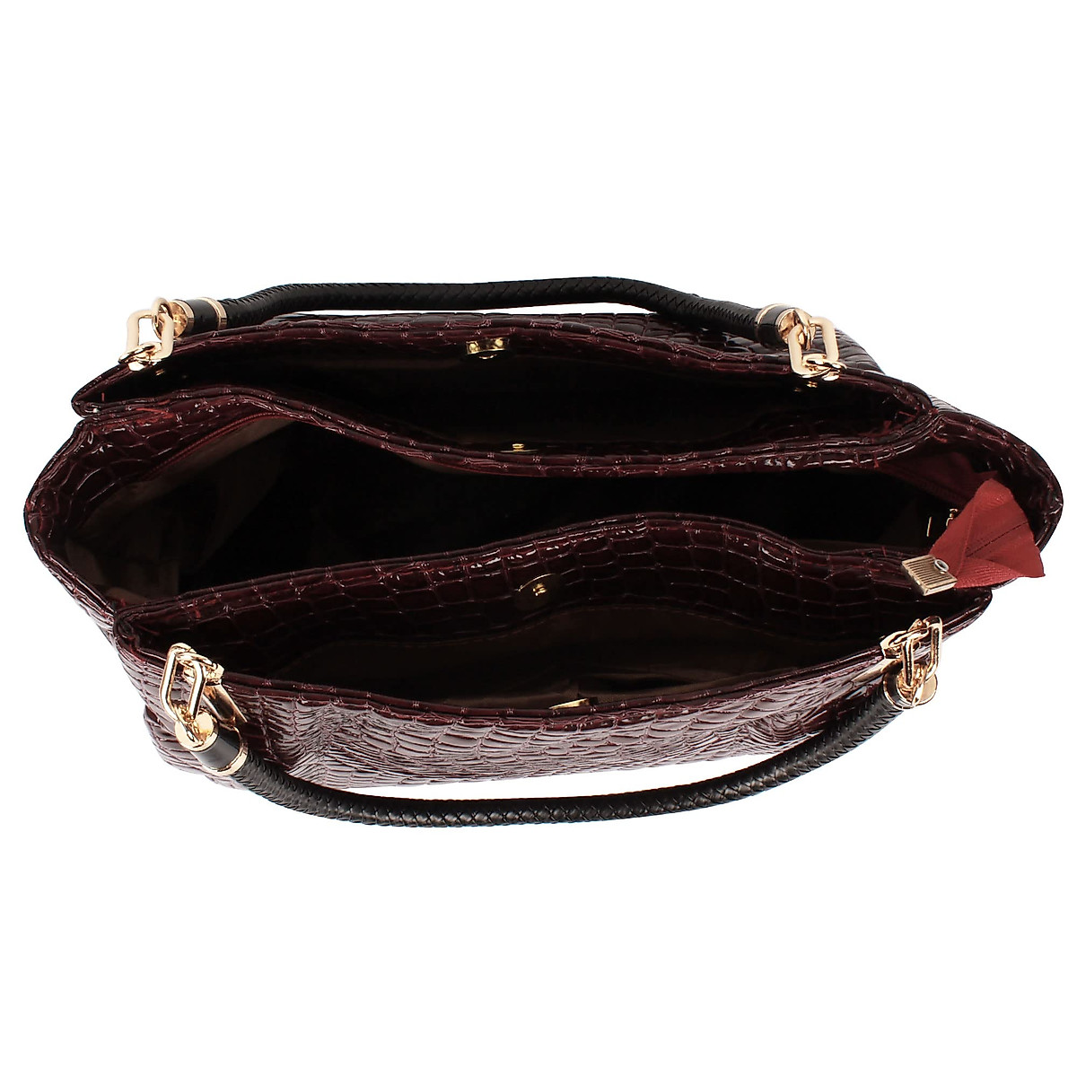 Women Large Alligator Pattern Faux Leather Top-handle Bag Evening Party Handbag Travel Tote Crocodile Dark Red