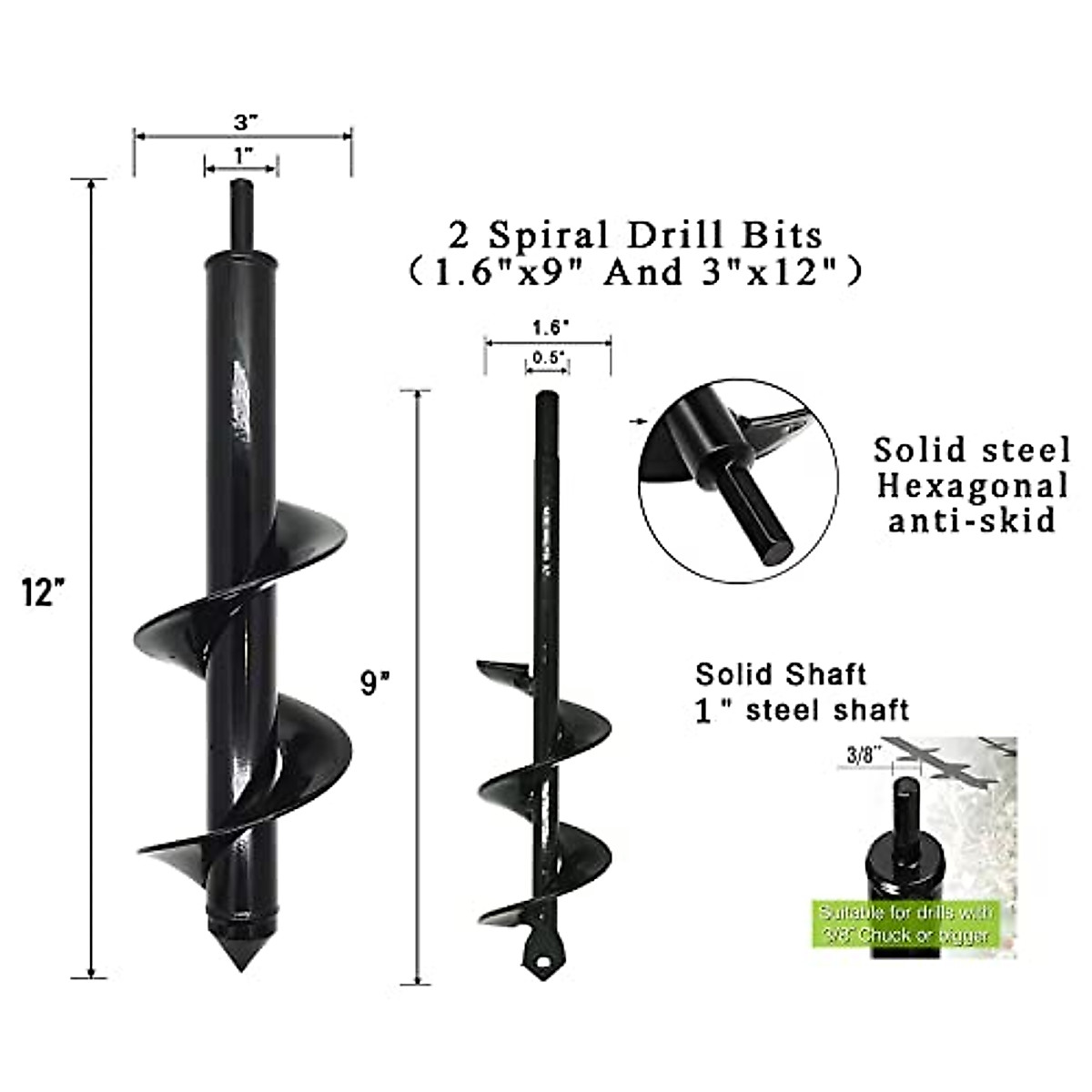 2 Pack Auger Drill Bit for Planting 3"x12" and 1.6"x9" Spiral Drill for Planting Flower Garden Auger Hex Drive Drill, Hole Digger Auger Set for 3/8” Hex Drive Drill