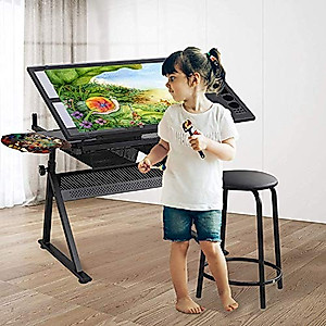 EESHHA Drawing Table Glass Drafting Table, Height Adjustable Drawing Desk with Stool, Tiltable Desk Art Table, Tempered Glass Top Painting Desk, Writing Table with 2 Drawers Beautiful Scenery