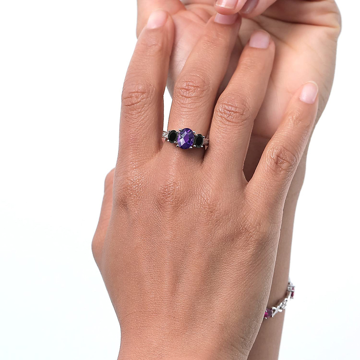 Gem Stone King 925 Sterling Silver Purple Amethyst and Black Onyx 3-Stone Ring For Women (2.38 Cttw, Gemstone Birthstone, Available in size 5, 6, 7, 8, 9)