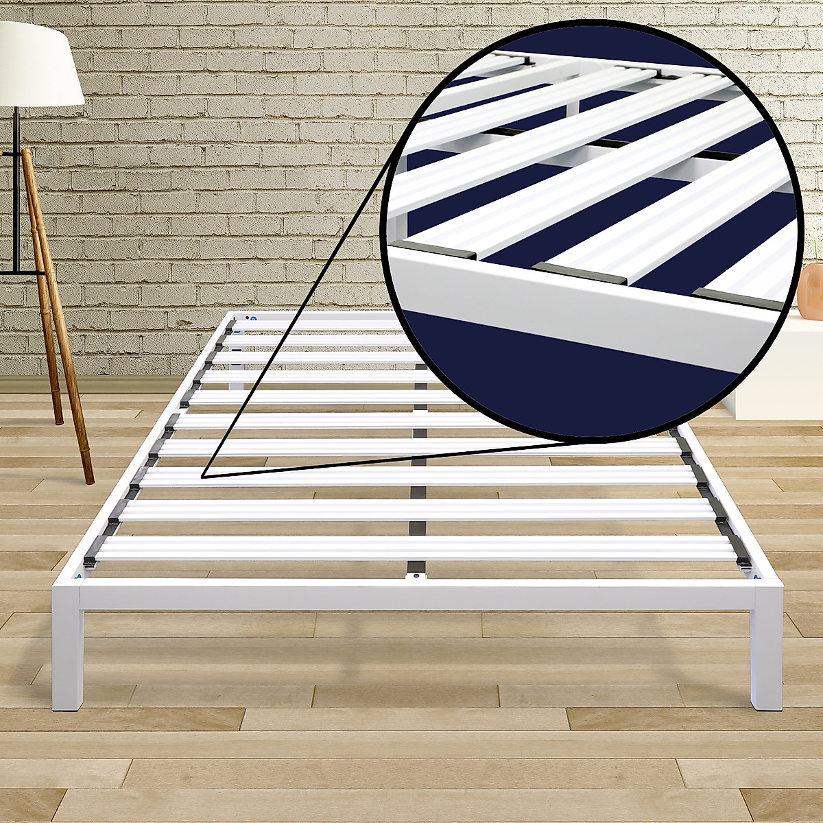 Mellow Rocky Base C 14" Platform Bed Heavy Duty Steel White, w/ Patented Wide Steel Slats (No Box Spring Needed) - Queen