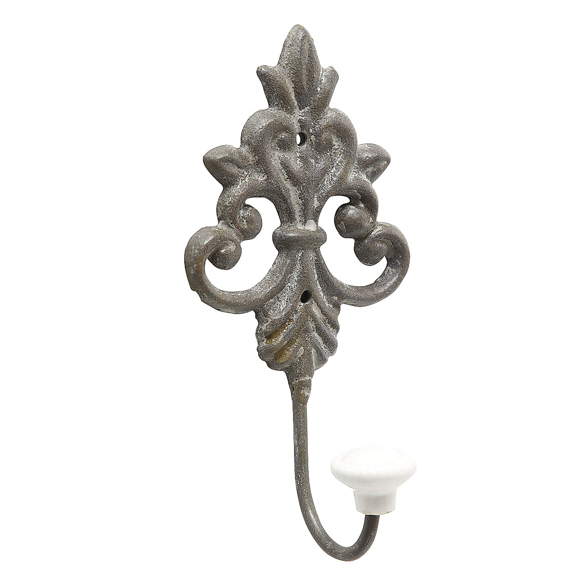 Chateaux Fleur De Lis Wall Hooks, Set of 4, Shabby Distressed Finish, French Country Style, Rustic Bronze, Rubbed White Patina, Cast Iron, Vintage Inspired, Porcelain Caps, Each 6 Inches Tall
