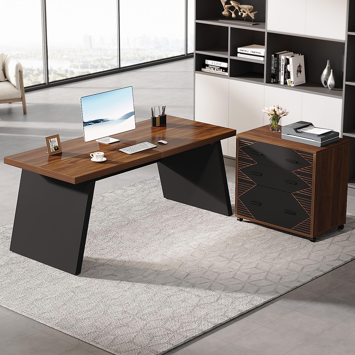 Tribesigns L-Shaped Executive Desk, 62" Large Home Office Computer Desk with 2 Storage Drawers and Letter Size File Cabinet, Workstation Business Furniture Set (Oak & Black)