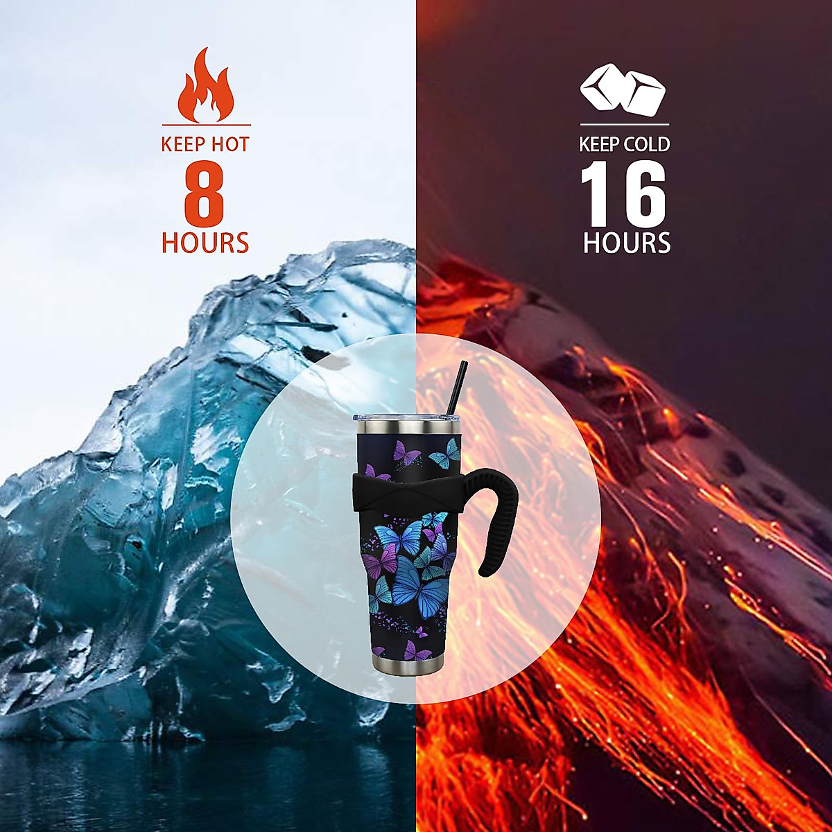 Exacmos 40 oz Tumbler with Handle and Straw 40 oz Butterfly Cup Insulated Stainless Steel Coffee Travel Mug Spill Proof Leak Proof Slim 40oz Tumbler with Handle Butterfly Decor Stuff Gifts for Women