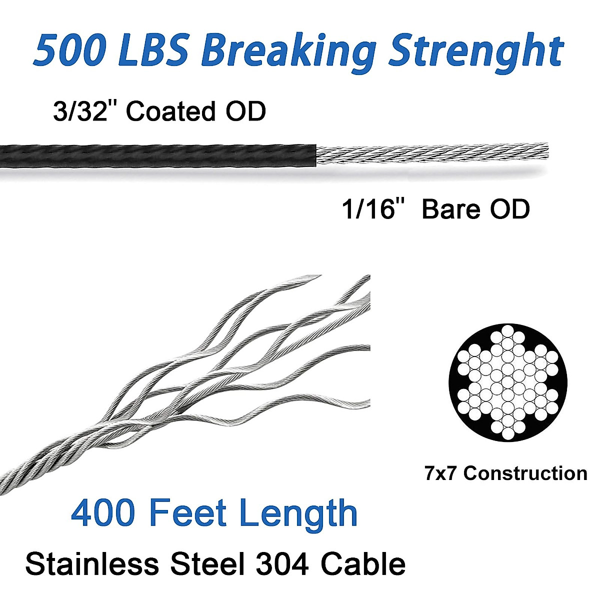 String Light Hanging Kit with 400FT Vinyl Coated 304 Stainless Steel Wire Rope, Globe String Light Suspension Kit, Outdoor Light Guide Wire Kit Included Turnbuckles, Enough Accessories, Use Manual