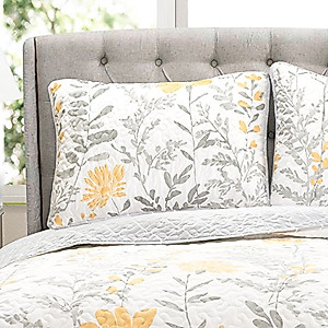 Lush Decor Yellow Aprile Reversible Quilt 3 Piece Floral Leaf Design Bedding Set, Full/Queen, Yellow & Gray