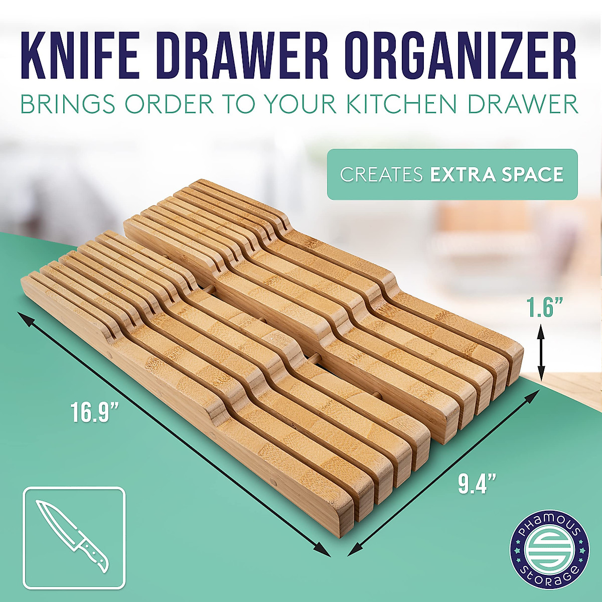 PHAMOUS STORAGE Knife Drawer Organizer - Kitchen Organizer - Knife Block Without Knives - Knife Storage for 10 Knives & Sharpener - High Holding Capacity