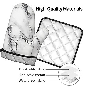 Simple White Marble Stone Funny Oven Mitt and Pot Holders Set Heat Resistant for Kitchen Cooking Baking Grilling Waterproof Non-Slip Thick Oven Gloves