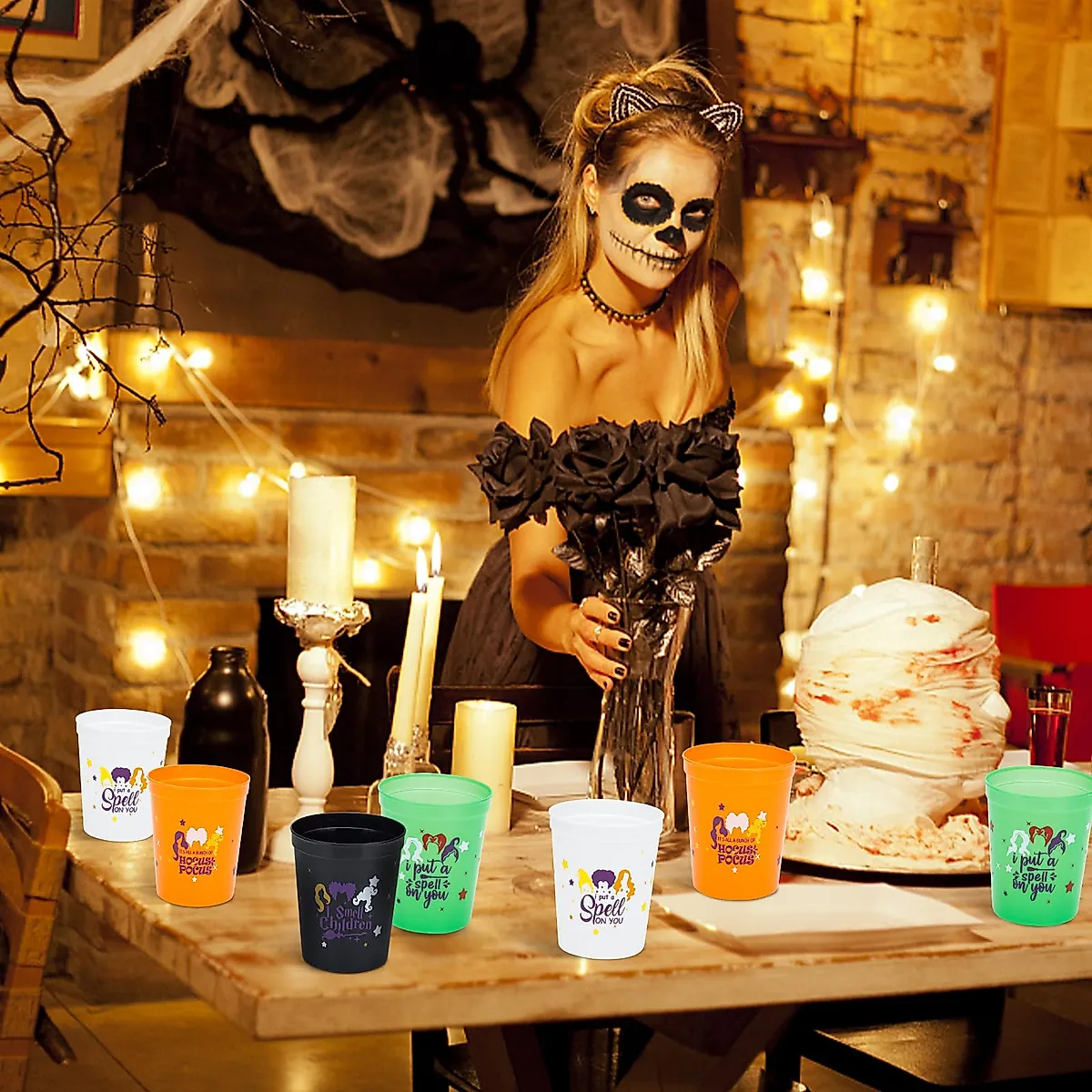 Ainibar Halloween Party Cups - Set of 20 Orange,White,Black and Green 16oz Stadium Cups,Perfect for Hocus Pocus Halloween Party Supplies, I Smell Children Holiday Witches Halloween Party