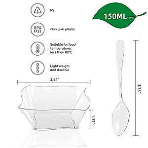 PLAZOTTA 150 Pack 5 oz Clear Plastic Dessert Cups with 150 Tasting Spoons, Square Parfait Appetizer Plates Bowls for Party, Weddings