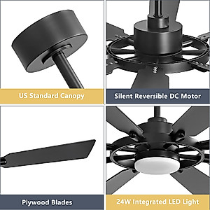 ELEHINSER 60" Ceiling Fan with Lights and Remote Control, Wood 8 Blades 6-Speed Noiseless Reversible DC Motor, Modern Windmill Ceiling fan for Kitchen Bedroom Dining Living Room, Black