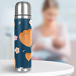 Stainless Steel Leather Vacuum Insulated Mug Flower Thermos Water Bottle for Hot and Cold Drinks Kids Adults 16 Oz