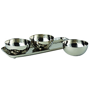Elegance Hammered Stainless Steel 3 Bowl Set with Tray, Silver