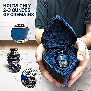 Small Keepsake Cremation Urn for Human Ashes with Velvet Heart Case and Funnel - Beautiful Peaceful Dark Blue Brass Hand Engraved Mini Memorial Urn