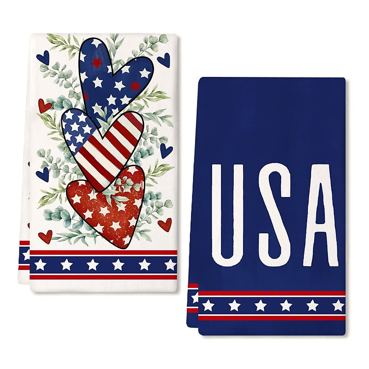 GEEORY 4th of July Kitchen Towels Love Heart USA Patriotic Dish Towels 18x26 Inch Ultra Absorbent Bar Drying Cloth Hand Towel for Kitchen Bathroom Party Home Decorations Set of 2