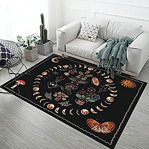 LGGQQW Black Starry Botanical Sun Moonlit Mushroom Area Rug Floral Hippie Moon Phase Carpet for Aesthetic Color 24inch x 36inch