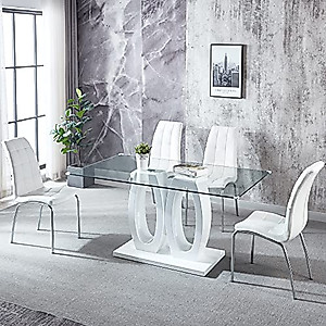 Pvillez Glass Dining Table for 6 People, 63" Modern Glass Dinner Kitchen Table for Dining Room Kitchen, Rectangular Glass Top Dining Table with White High Gloss Dual Oval Base Pedestal Dining Table