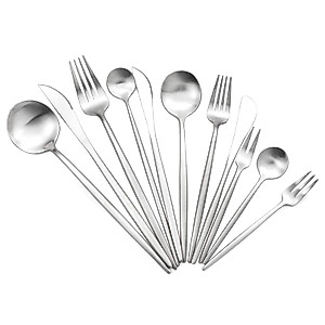Gugrida Silver Flatware, Royal 5 Pieces Matte Finish 18/10 Stainless Steel Dinner Fork 9.17", Camping Cutlery Silverware Travel Utensils Set Tableware