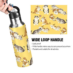 FUGIDOG Cute Cat Stainless Steel Sports Water Bottle with Straw Lid, BPA-Free, 32 oz Vacuum Insulation Flask Reusable Leak Proof Thermos for Fitness Travel Gym Cycling