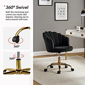 HULALA HOME Velvet Home Office Desk Chair, Modern Shell Back Makeup Vanity Chair with Wheels, Swivel Height Adjustable Cute Task Chair for Women Girls, Black