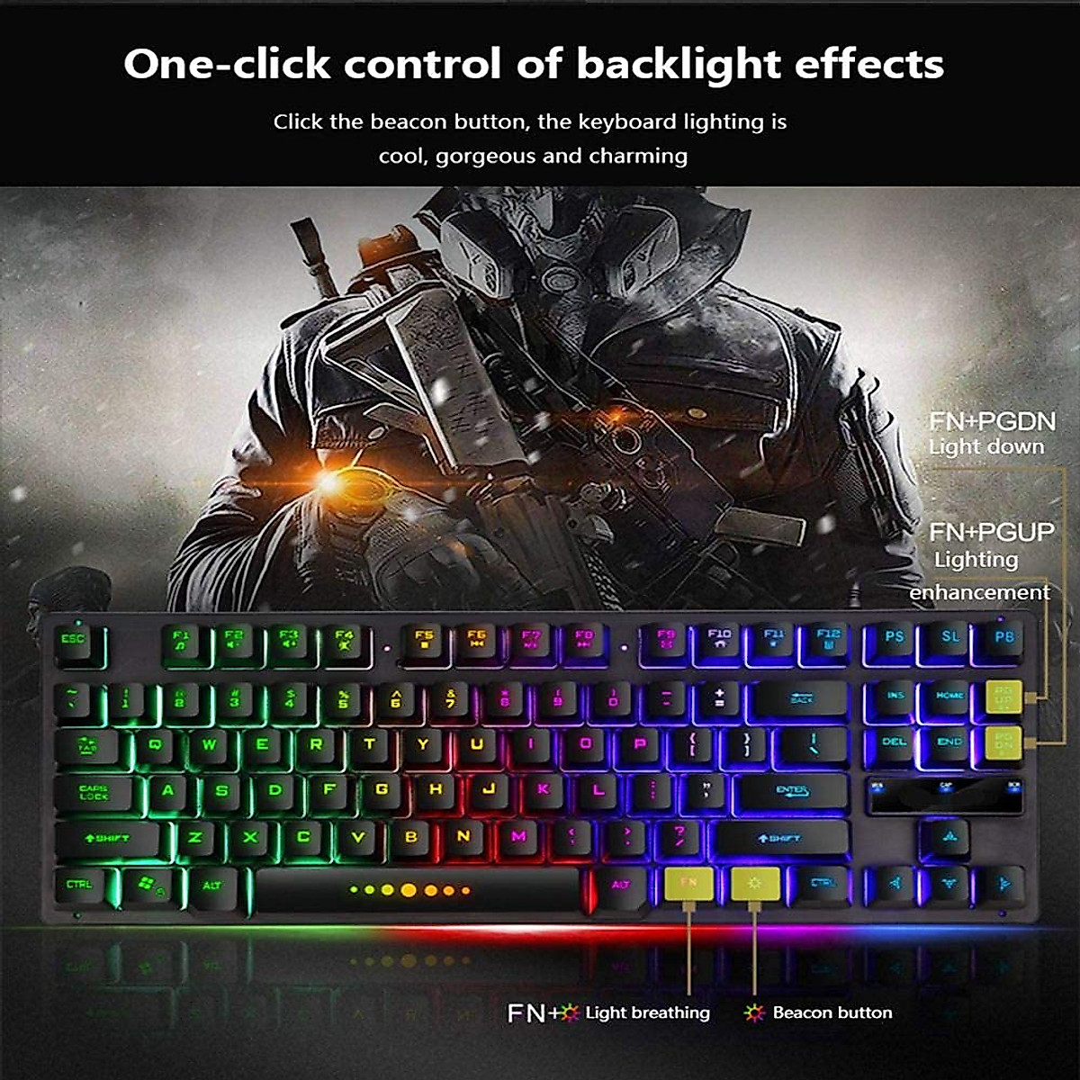 Limouyin 87Key Wired Gaming Keyboard with Crater Architecture, Portable Durable Keyboard Gaming Mechanical Ergonomic Computer Supplies GK10 LED Backlight for Desktop Laptop Universal Type, Black