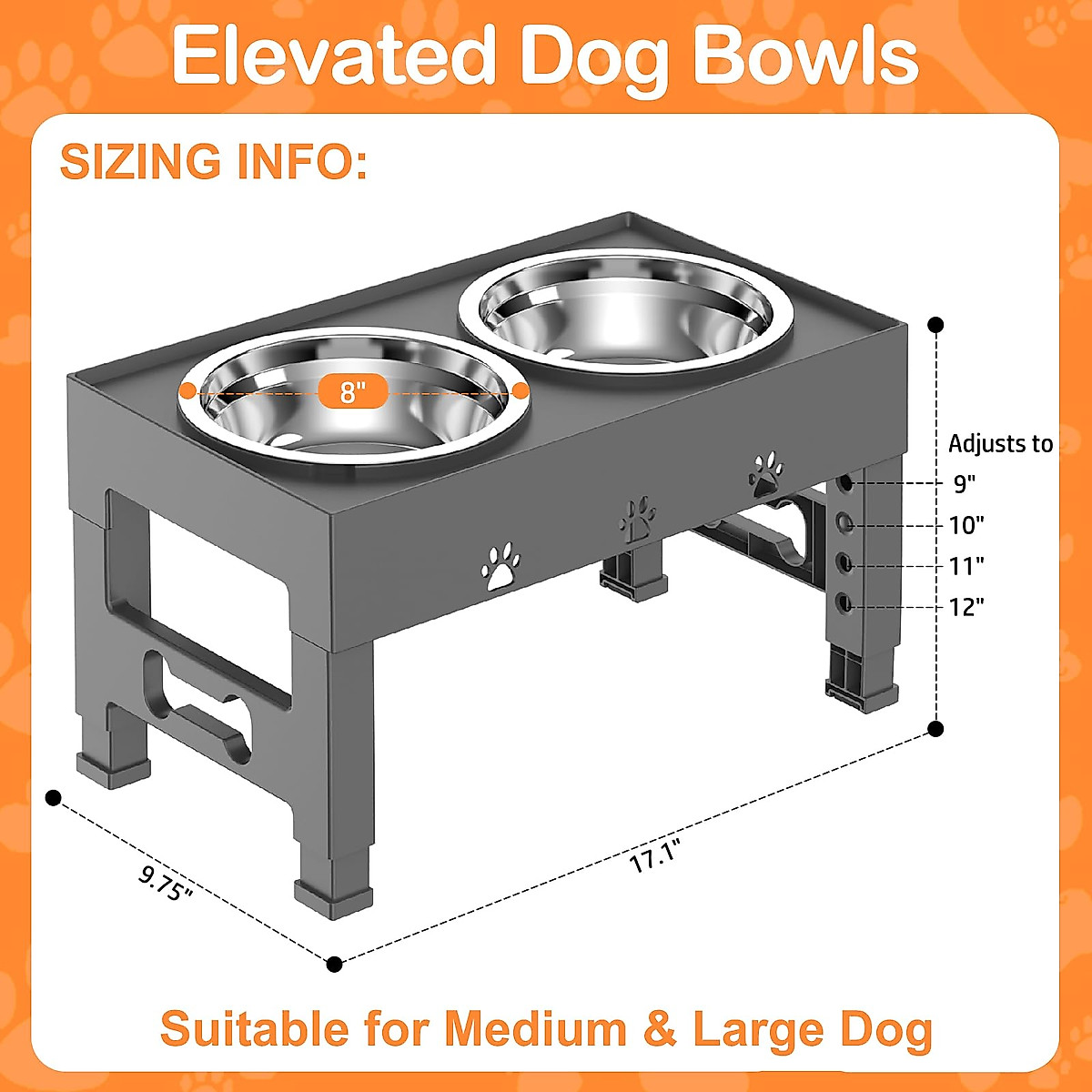 LAKIPETN Elevated Dog Bowls with 2 Stainless Steel Dog Food Bowls 5 Height Adjustable Raised Dog Bowl Stand Non-Slip Dog Feeder Adjusts to 3.1”, 9”, 10”, 11”, 12” for Medium Large Dogs - Gray