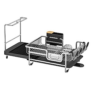 SONGMICS Dish Drying Rack, Rustproof Aluminum Dish Drainer with 21.1-28.2 Inches Expandable Drainboard, Rotatable Spout, for Kitchen Counter, Glass and Cup Holders, Silver and Black UKCS031E01