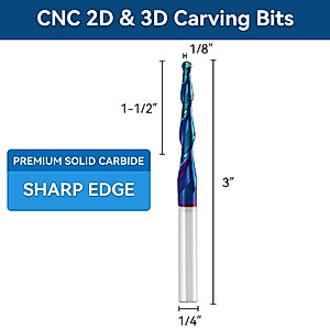 CNC Router Bits Spiral Tapered Ball-Mill 2D & 3D Carving Bits, 2.4 Deg Tapered Angle Ball Tip R1.5, 1/4"Shank 3"OVL for Wood Carving Engraving
