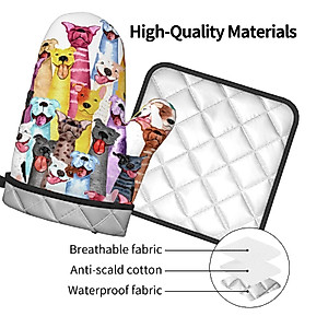 Cute American Pit Bull Terrier Dogs Puppy Lovers Colorful Tie Dye Oven Mitts and Pot Holders Sets Reusable Soft Cotton Heat Resistant Oven Gloves For Kitchen Microwave BBQ Baking Print Oven Mitt Gifts