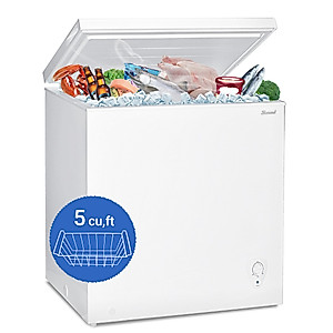 Smad 5.0 Cu Ft Chest Freezer with Removable Basket Free Standing Compact Freezer with Adjustable Temperature Top Open Door Deep Freezer Ideal for Apartment Garage Basement Office RV and Kitchen, White