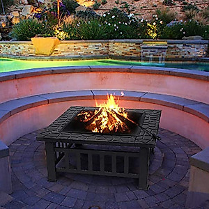 Fire Pit Wood Burning Firepit Metal Square Outdoor Fire Pit Steel BBQ Grill Fire Pit Bowl with Spark Screen Cover, Poker Log Grate for Patio Bonfire Camping Backyard Garden Picnic black 32 inch