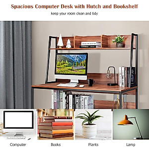 Tangkula Computer Desk with Hutch & Bookshelf, 47 Inches Space Saving Writing Study Table Home Office Desk, PC Laptop Table Workstation with w/ 3 Open Storage Space & Bottom Bookshelf (Brown)