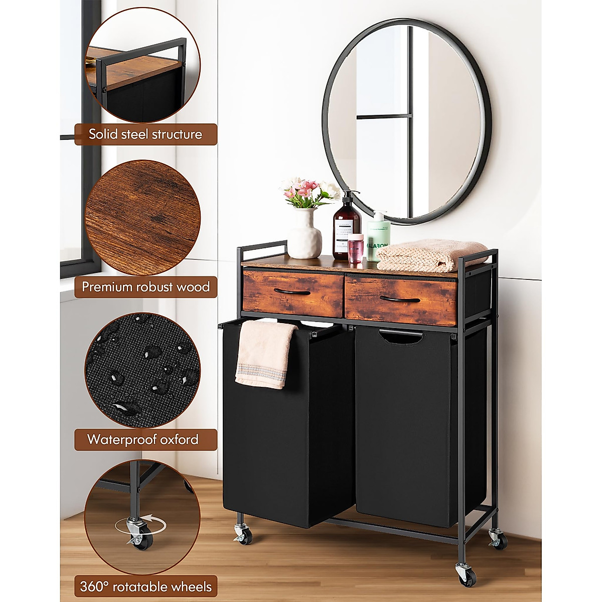 Laundry Basket with 2 Large Drawers - Compartment Laundry Hamper, 2 Removable Sections Laundry Bags Made of Oxford Fabric, Particleboard Shelf and Metal Frame, Oversize