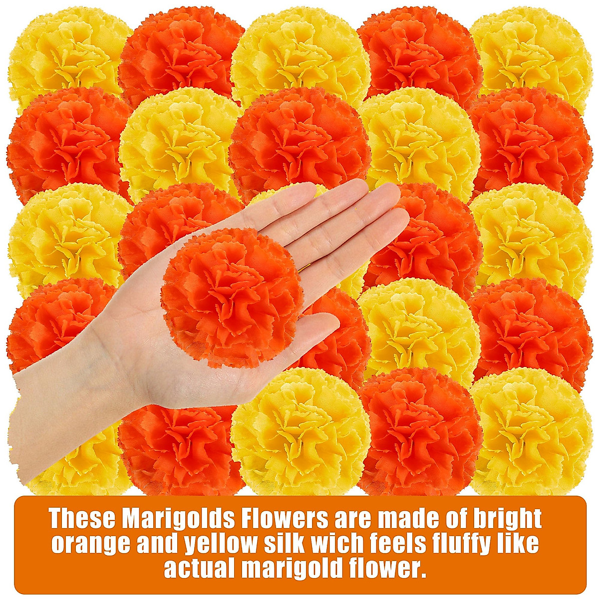 100PCS Artificial Marigold Flowers Heads Silk Orange Yellow Flower for Dia De Los Muertos Day of The Dead Diwali Home Decor Indian Theme Weddings DIY Wreath Garland Decoration