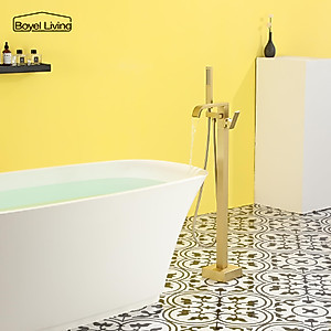 Boyel Living Freestanding Bathtub Faucet Tub Floor Mount Single Handle Filler Faucet with Hand Shower Brushed Gold